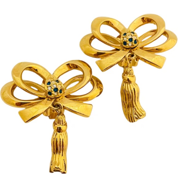Vintage | Jewelry | Vintage Designer Gold Plated Red Crystal Bow Tassel ...